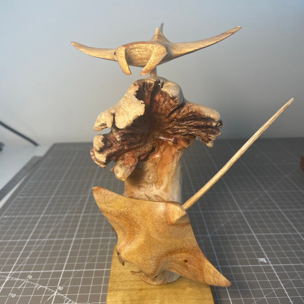 Wooden Manta Ray Couple Sculpture, Art Piece, Exotic, Figurine, Fish ...