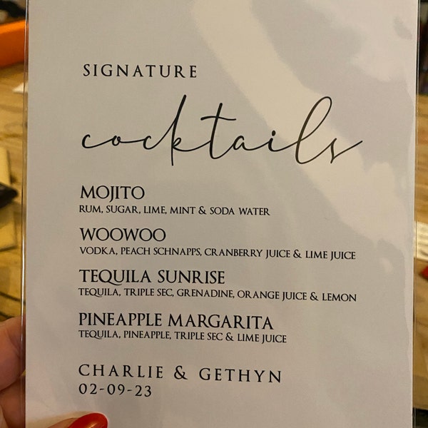 Signature Cocktail Wedding Menu - Personalised - Drinks Menu - Sign ...