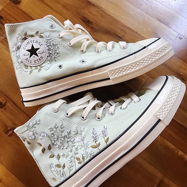 Custom Wedding Sneakers Platform, White Flower Embroidered Converse ...