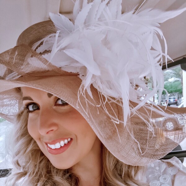M508 ( Taupe Coral Hat ) Kentucky Derby Hat, Church Hat, Wedding Hat, Tea Party Hat With Jumbo ...