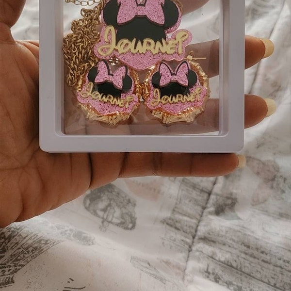 Minnie Mouse Jewelry Set, Custom Bamboo Earrings, Cartoon Name Necklace ...