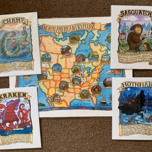 Cryptids of North America Map Art Print 16" X20" - Etsy