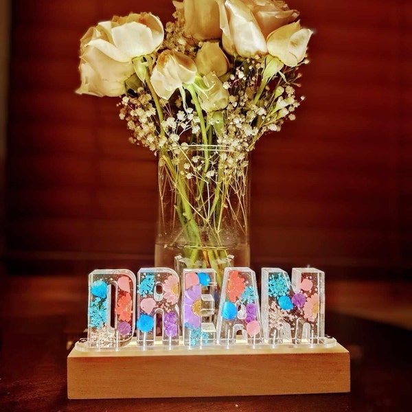 Real Flower Name Lamp,custom Color Letter Dried Flower Resin Nightlight ...