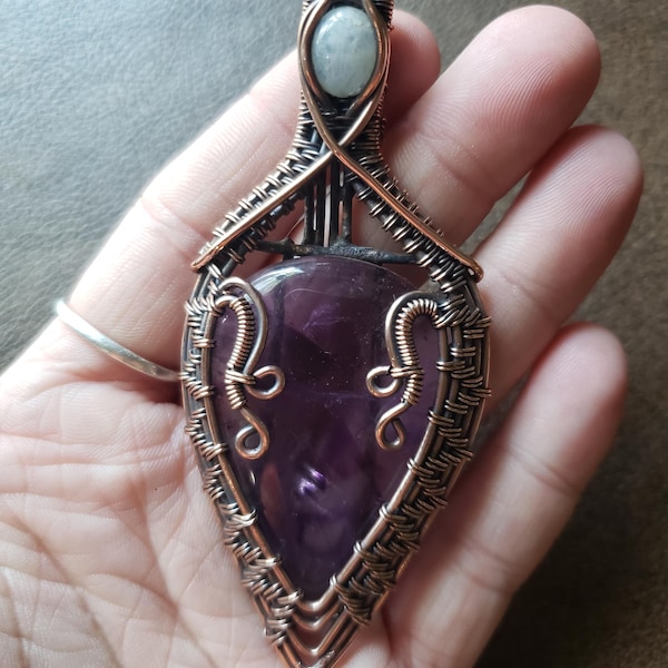 Natural Amethyst, Moonstone Pendant Copper Wire Wrapped Pendant ...