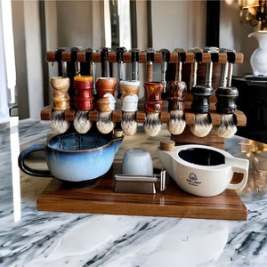 The Ultimate Wood Shaving 12 Razor and 6 Brush Double Decker Stand 16 ...