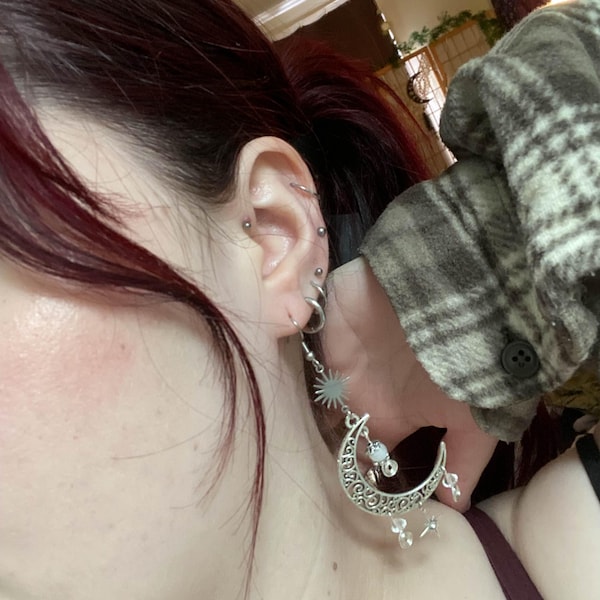 Moonstone Luna Earrings | Celestial Crescent Moon Earrings | Whimsygoth Silver Moon and Stars ...