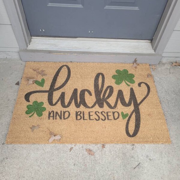 Lucky and Blessed St Patricks Day Doormat, Welcome Shamrock Doormat ...