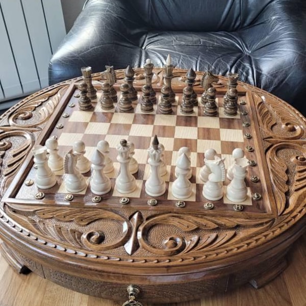 Custom Engraved Chess Table W/ Lion, Wooden Chess Set, Checker Board ...