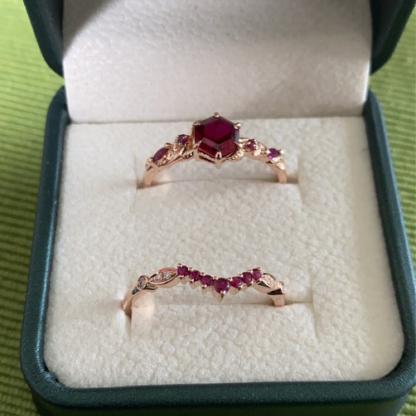 Nature Inspired Twist Ruby Ring Set Rose Gold 1ct Hexagon Branch Red Ruby Engagement Ring July ...
