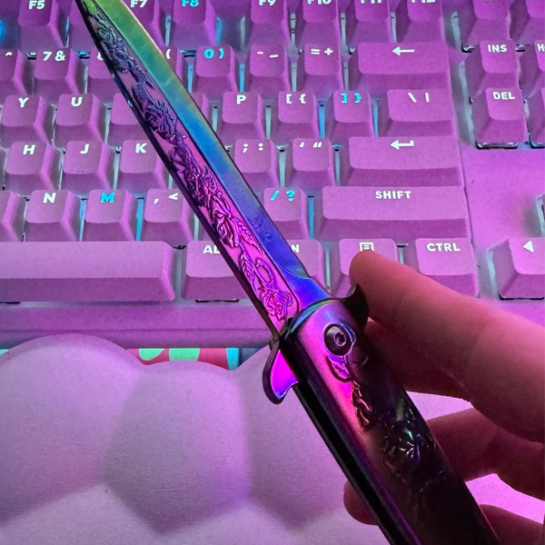 9” Rainbow Rose Engraved Cute Spring Assisted Open Blade Folding Pocket ...