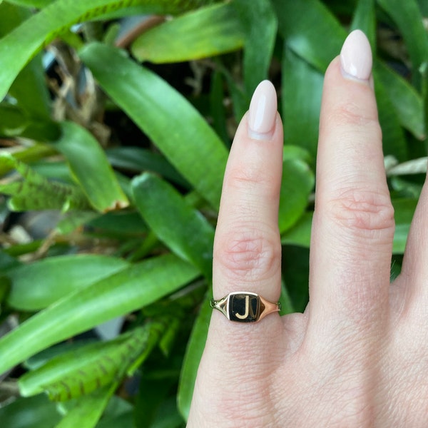 Solid Gold Square Signet Ring, 14k Gold Engraved Pinky Ring for Men Women, Personalized Initial ...