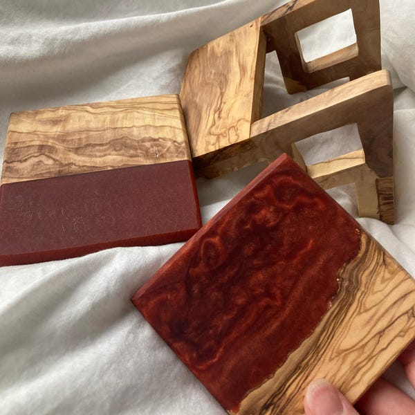 Epoxy & Olive Wood Coasters With Holder, Unique Resin Coasters ...