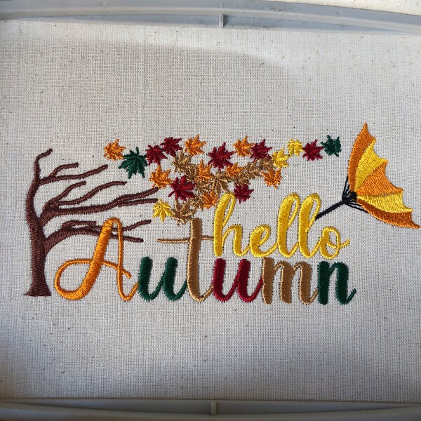 Hello Autumn Embroidery Design: Fall Leaves, Umbrella (instant Download ...