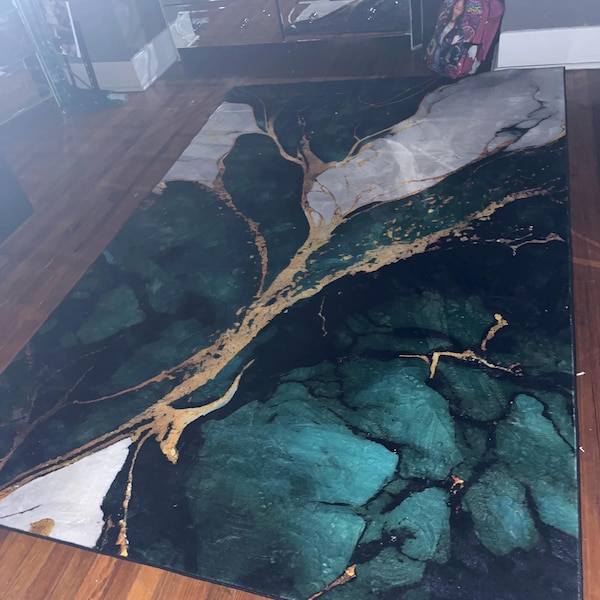Marble Rug, Black White Blue and Gold Marble Rug, Marble Design Rug ...