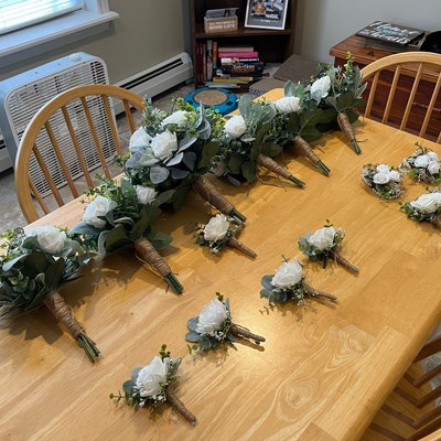 Boho Rose Wedding Bouquet, Realistic White Roses & Greenery Bridal ...