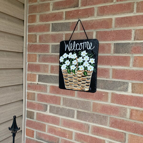 Painted Slate Welcome Sign, Basket of Daisies Slate Welcome Sign, Door ...