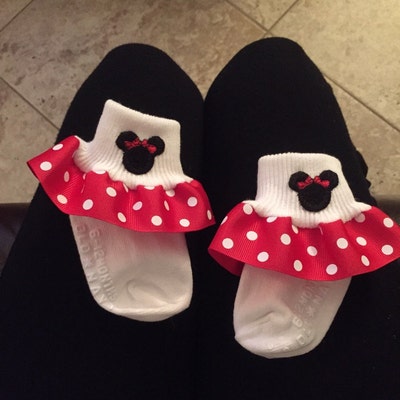 Minnie Mouse Applique Red Polka Dot Ruffle Ribbon Socks Vacation School ...