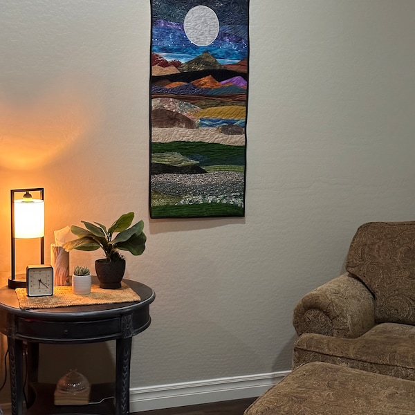 Sunset Lake Landscape Mountain Art Quilt, Quilted Wall Art, Quilted ...