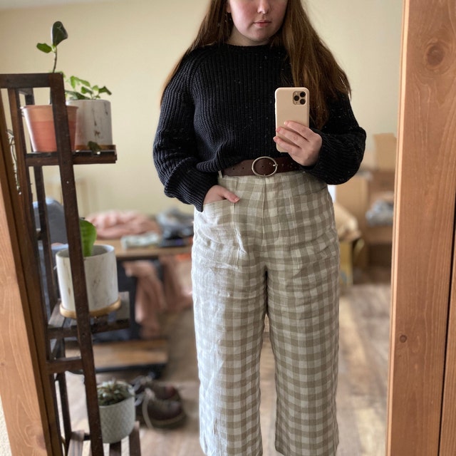 Checkered Linen High Waist Women Culottes/wide Leg Linen Checkered Linen High Waist Women Culottes/wide Leg Linen