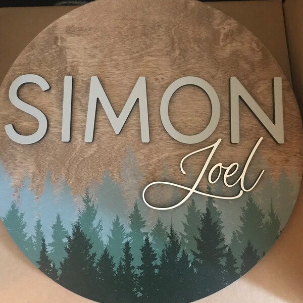 Round 3D Nursery Name Sign Pine Tree Pattern | 18-36 Inch Personalized ...
