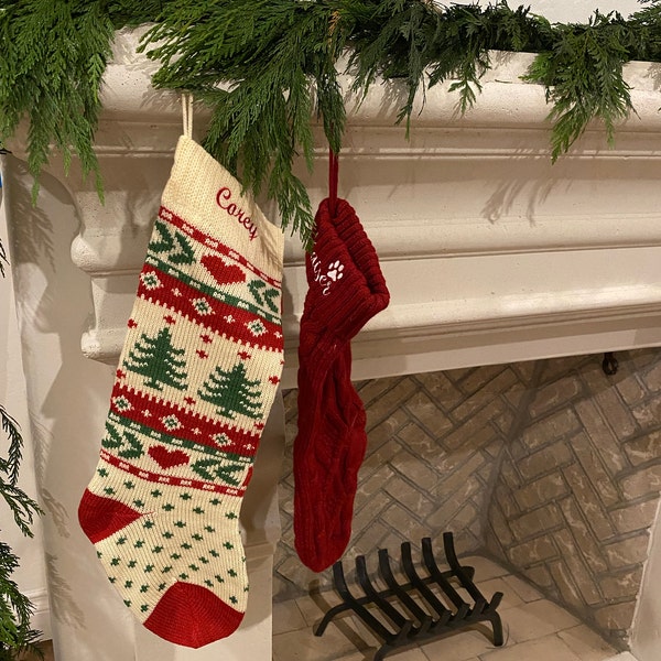 Personalized Knit Stocking, Embroidered Knit Stockings, Red Knit ...