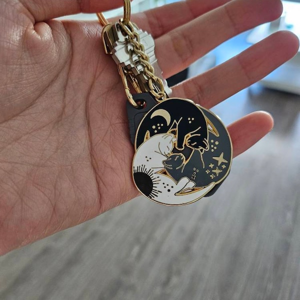 Trio of Cats Keychain Black Cat Keychain Celestial Keychain Sleeping ...