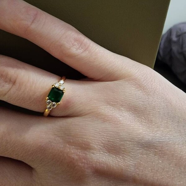 18K Emerald Birthstone Ring, Gold Plating Green Stone Ring, Womens ...