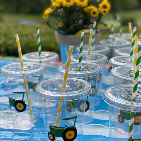 Tractor Party Cups Green/yellow/black Disposable Plastic Cups W/lids ...