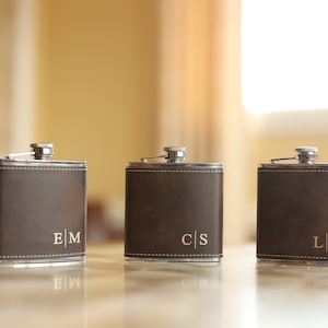 Groomsmen Gift, Personalized Flask Set for Men, Rustic Brown Leather ...