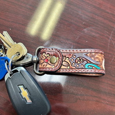 Tooled Leather Tab Key Fob - Etsy