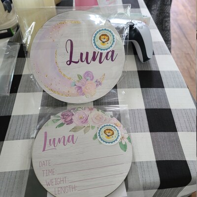 Birth Stat Sign, Round Wood Birth Stat Sign, Violet Floral Birth Stat ...