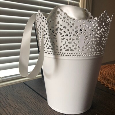 White Flower Girl Basket White Metal Wedding Pail Vintage Style Lace ...
