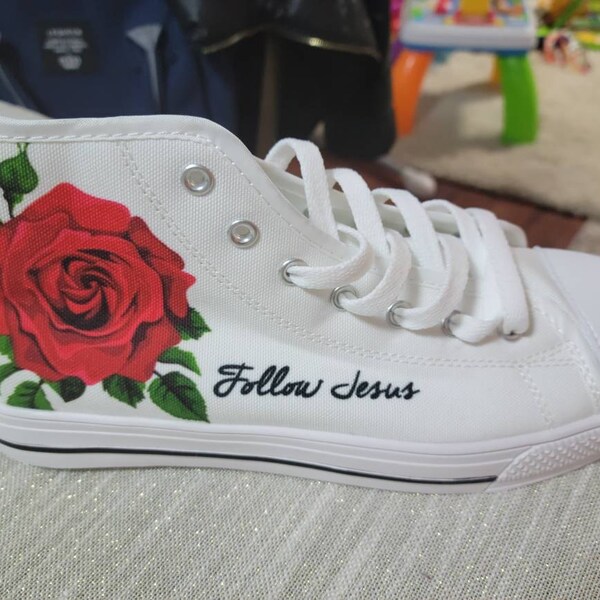 Red Rose Shoes, Rose Print Sneakers, Rose Shoes, Custom High Tops ...