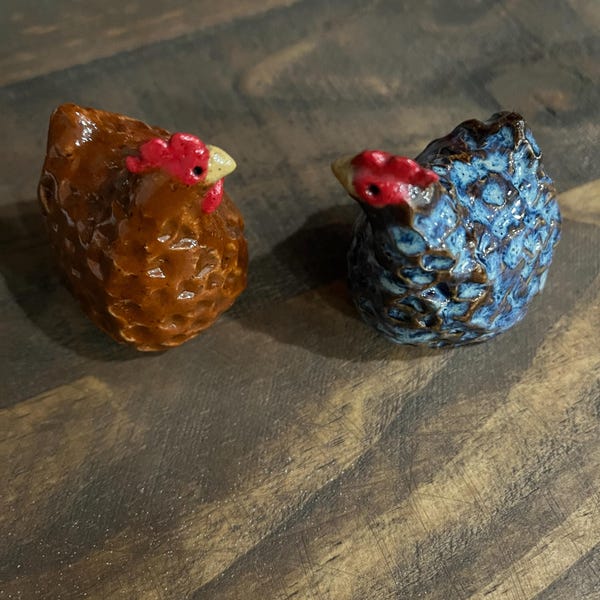 Chicken Ceramic Miniature - Blue Chicken Terrarium Figurine - Pottery ...