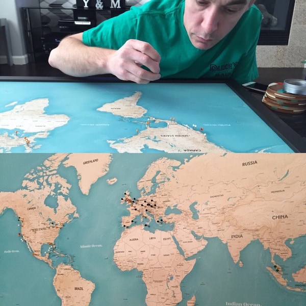 Push Pin World Map Framed- Turquoise World Map- Travel Map- World Map ...