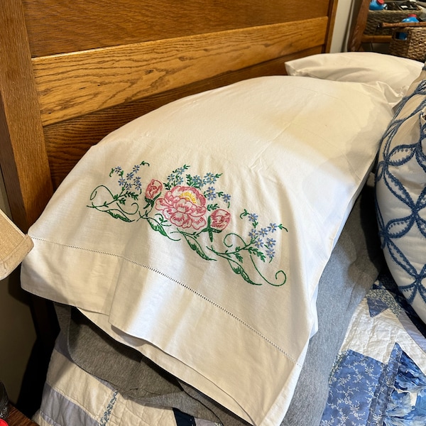 Vintage Embroidered Pillowcase With Embroidery Blue Birds and Flowers ...