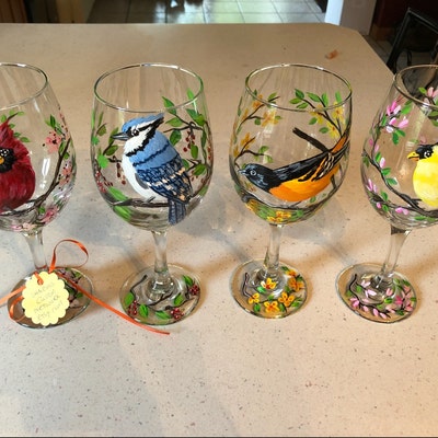 Wild Birds Hand Painted Wine Glasses Set 4 20 Oz Cardinal, Blue Jay ...