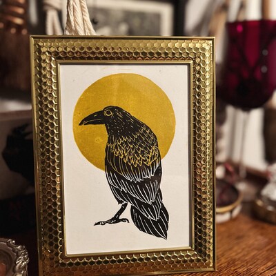 Raven and Moon Lino Print Art. Crow Art. Raven Art Print. Raven Moon ...
