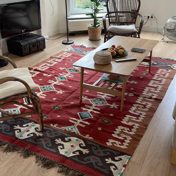 Wool and Jute Rug in Red Color, Handmade Kilim Dhurrie Rug, Traditional ...