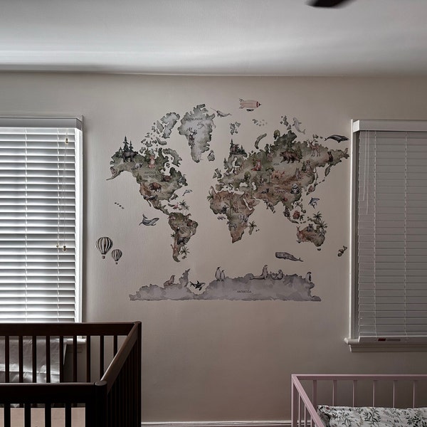 World Map Wall Decal, Animal World Map Decal, Kids World Map Decal, Nursery Map Decal - Etsy
