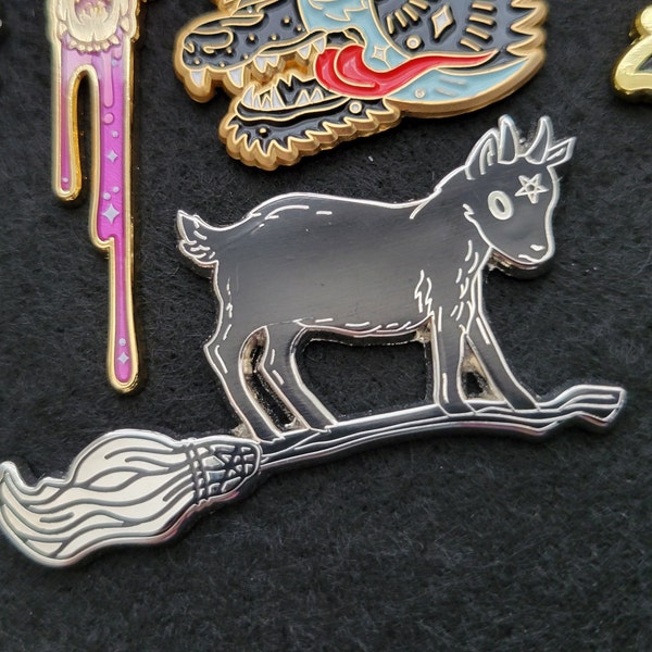 Baby Goat Learning to Ride a Broom Enamel Pin | Silver Plated Push Pin ...