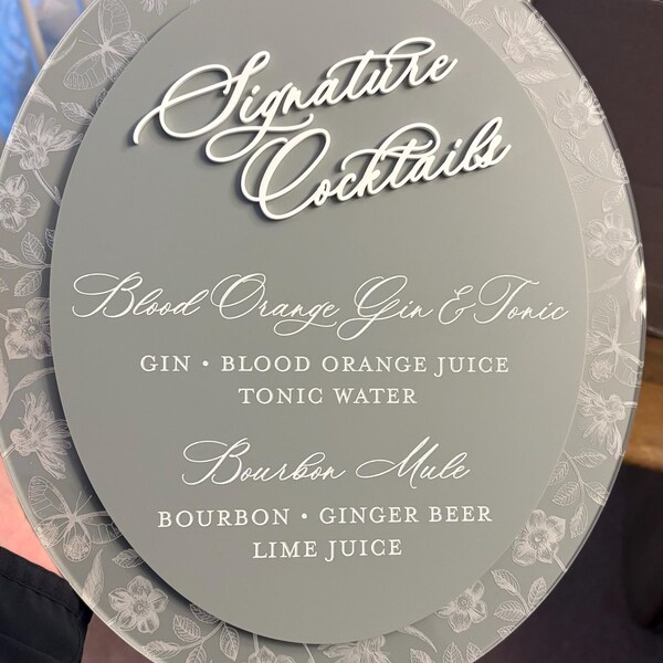 Floral Signature Cocktail Sign for a Wedding Oval Bar Sign French Blue ...