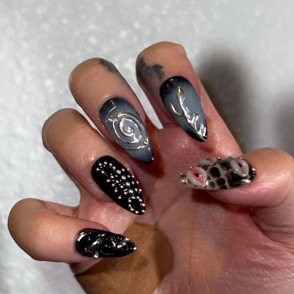 Cool Gothic-inspired Press on Nails | Goth Dark Blue Almond Nails | 3D ...
