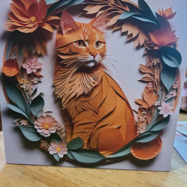 Orange Tabby Cat Papercut Imitation Style Canvas, Floral Art Print for ...