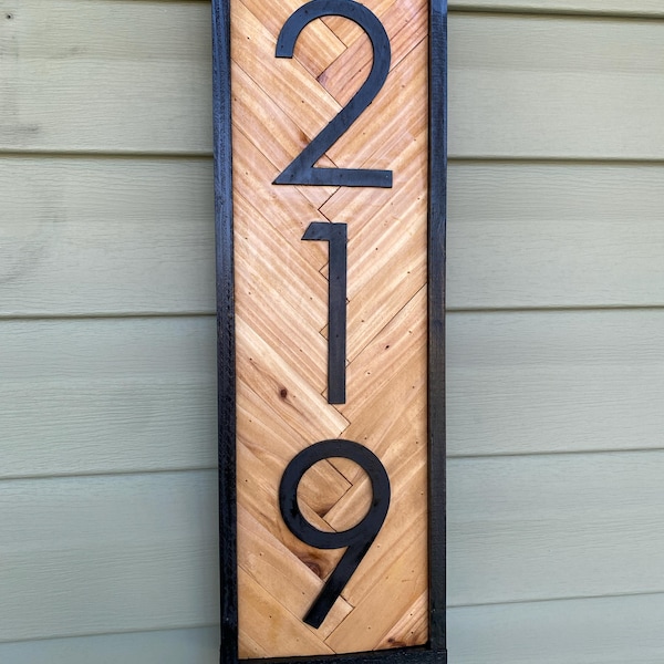 Handcrafted Cedar Address Sign: Modern Herringbone House Number Plaque ...