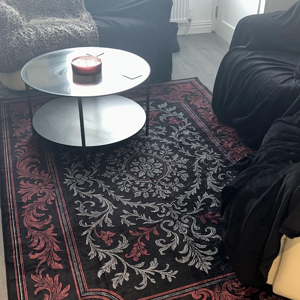 Elegant Gothic Rug With Red and Black Baroque Floral Patterns, Dark ...