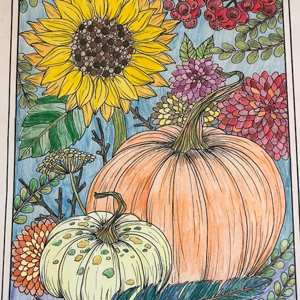 Fall Flowers and Pumpkins Digital Coloring Page Thanksgiving, Mums ...