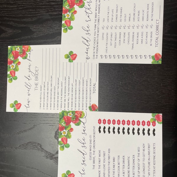 Strawberry Bridal Shower Game Bundle Watercolor Strawberry Bridal ...