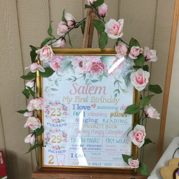 Floral First Birthday Sign, Pink and Gold Floral Birthday Chalkboard ...