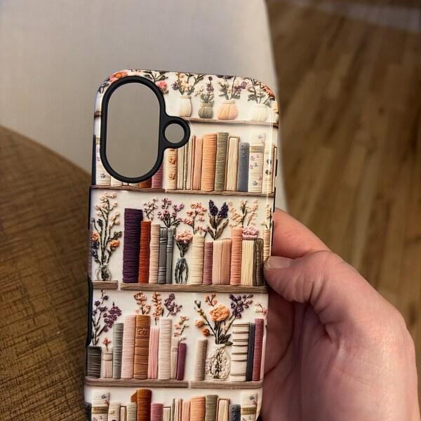 Faux Embroidery Bookish Floral Phone Case, Boho Bookshelf Phone Case ...